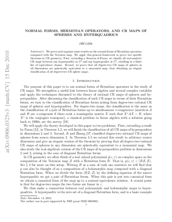(PDF) Normal forms, hermitian operators, and CR maps of spheres and hyperquadrics | Jiří Lebl ...