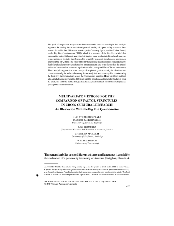 (PDF) Multivariate Methods for the Comparison of Factor Structures in Cross-Cultural Research