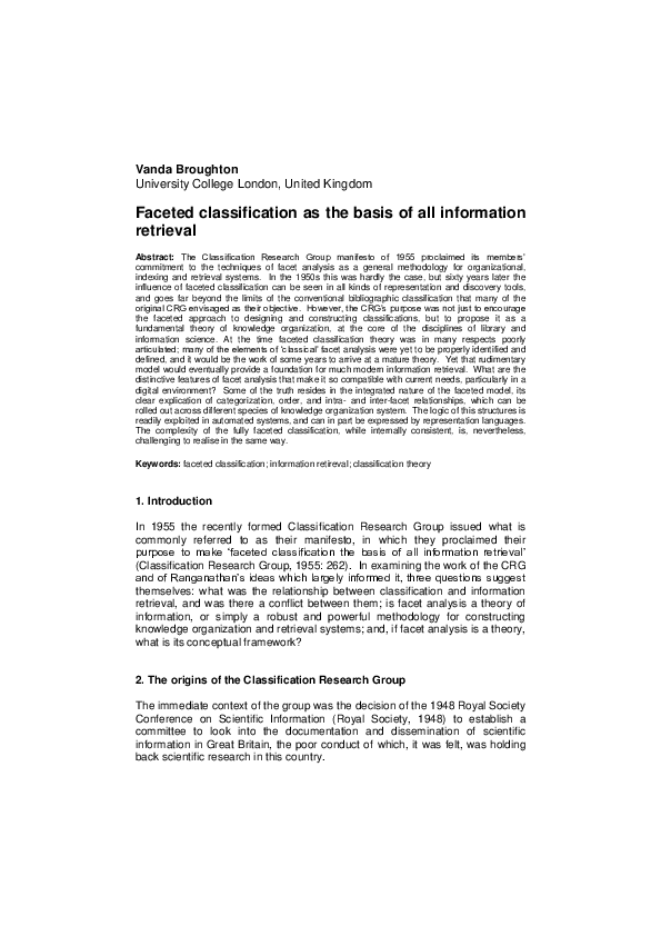 (PDF) Faceted classification as the basis of all information retrieval