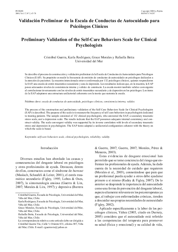 (PDF) Validación Preliminar de la Escala de Conductas de Autocuidado ...