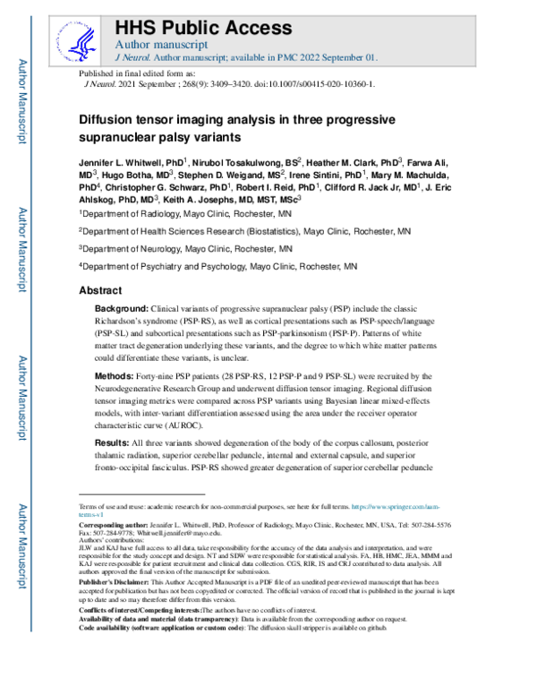 (PDF) Diffusion tensor imaging analysis in three progressive supranuclear palsy variants
