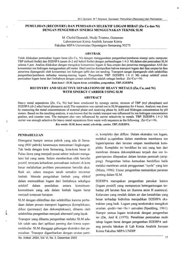 (PDF) Pemulihan (Recovery) dan Pemisahan Selektif Logam Berat (Zn, Cu dan Ni) dengan Pengemban ...