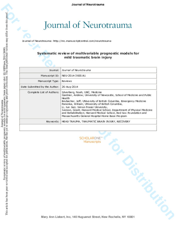 (PDF) Systematic Review of Multivariable Prognostic Models for Mild Traumatic Brain Injury