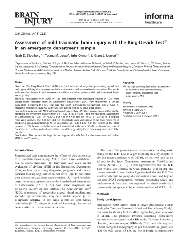 (PDF) Assessment of mild traumatic brain injury with the King-Devick ...