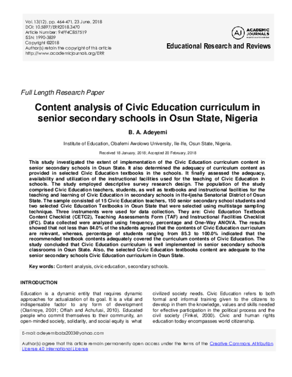 (PDF) Content analysis of Civic Education curriculum in senior secondary schools in Osun State ...