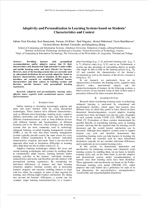 (PDF) Adaptivity and Personalization in Learning Systems based on Students’ Characteristics and ...
