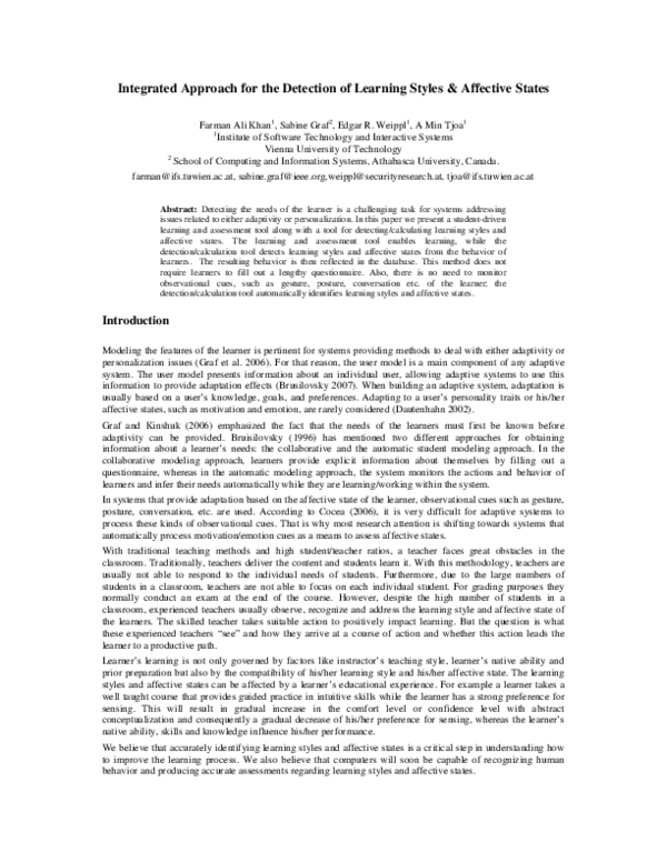 Pdf Integrated Approach For The Detection Of Learning Styles And Affective States