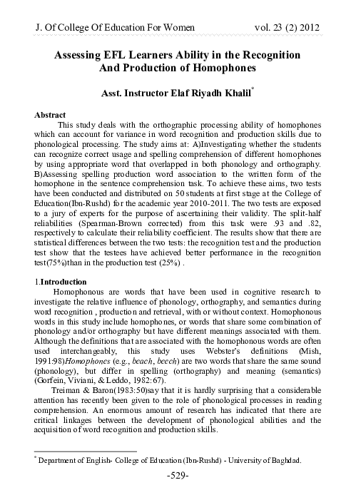 (PDF) Assessing EFL Learners Ability in the Recognition And Production of Homophones | ELAF ...