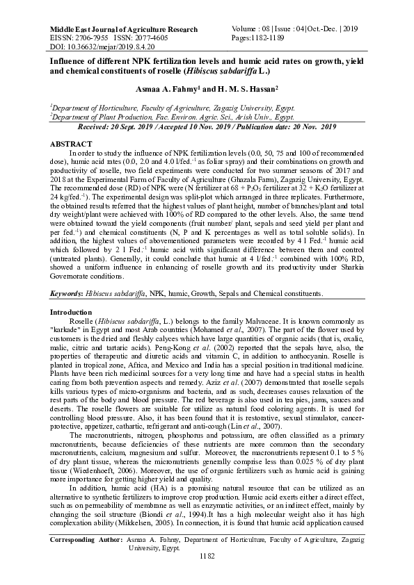 Pdf Influence Of Different Npk Fertilization Levels And Humic Acid