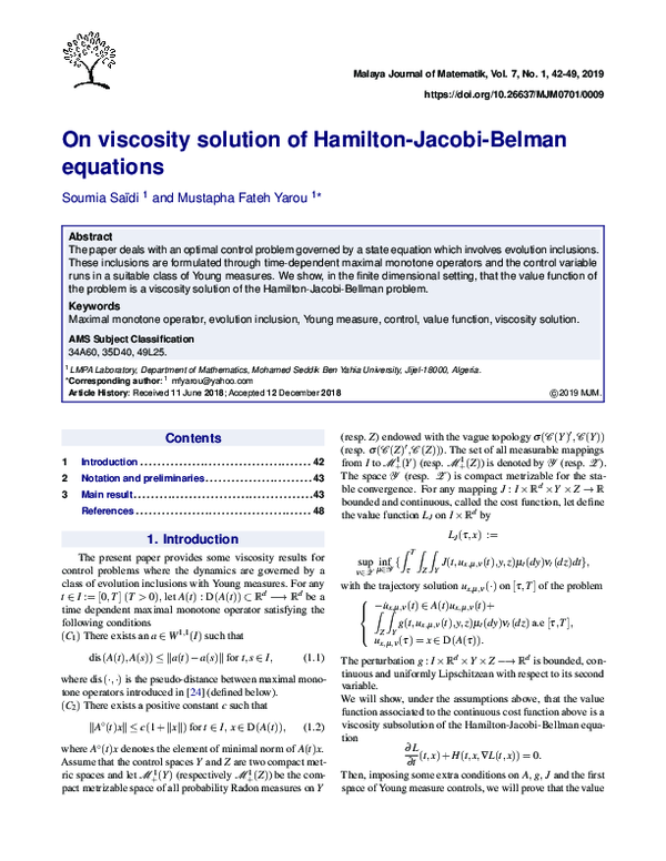 Pdf On Viscosity Solution Of Hamilton Jacobi Belman Equations Soumia Saidi