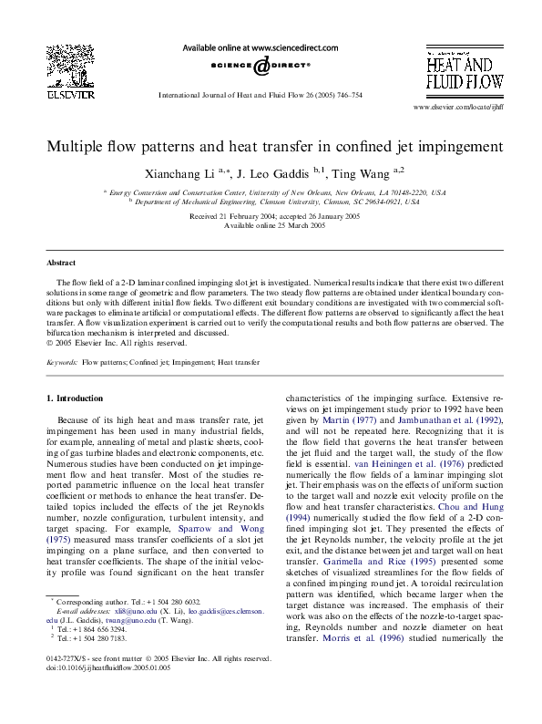 (PDF) Multiple flow patterns and heat transfer in confined jet impingement