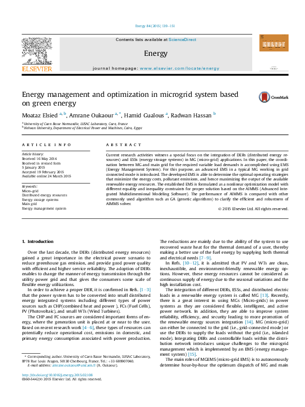(PDF) Energy management and optimization in microgrid system based on green energy