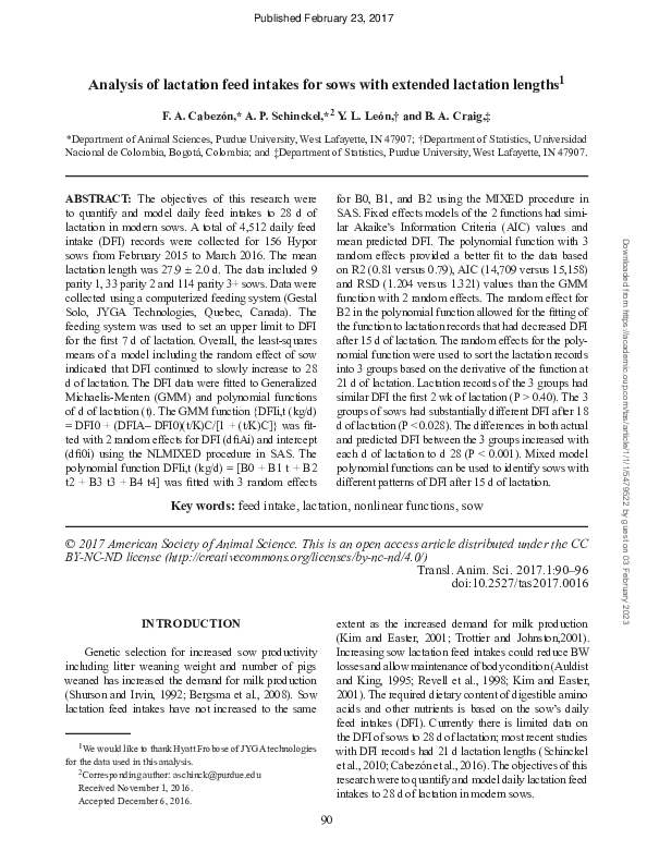 (PDF) Analysis of lactation feed intakes for sows with extended ...