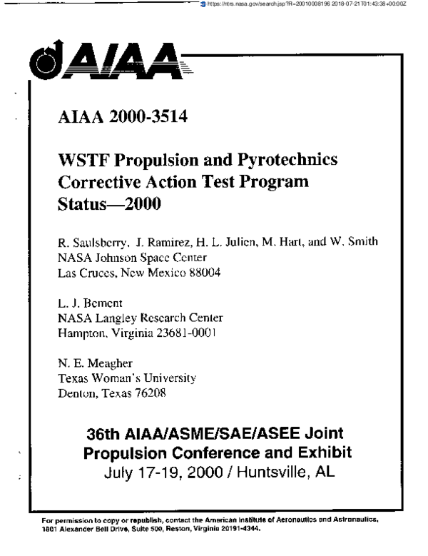 (PDF) WSTF Propulsion and Pyrotechnics Corrective Action Test Program ...