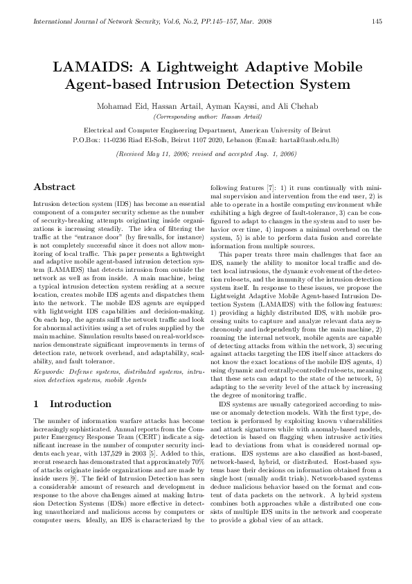 Pdf Lamaids A Lightweight Adaptive Mobile Agent Based Intrusion