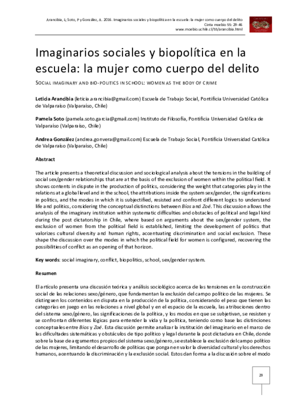 (PDF) Imaginarios sociales y biopolítica en la escuela: la mujer como cuerpo del delito