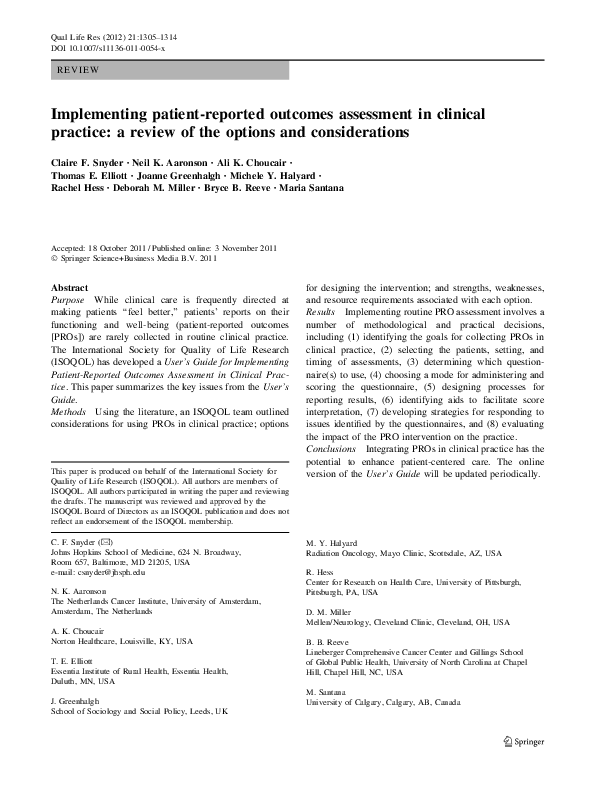 (PDF) Implementing patient-reported outcomes assessment in clinical practice: a review of the ...