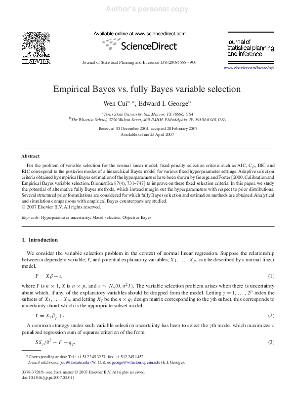 (PDF) Empirical Bayes vs. fully Bayes variable selection