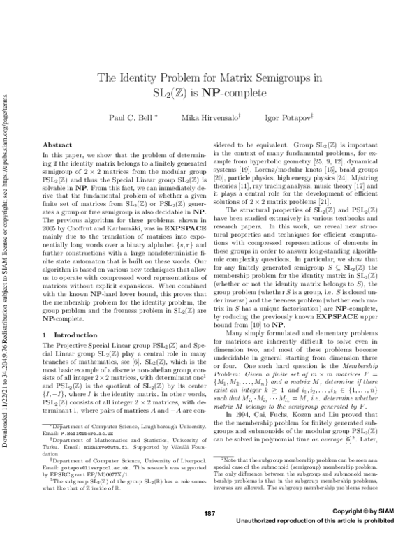 (PDF) The Identity Problem for Matrix Semigroups in SL2(ℤ) is NP-complete