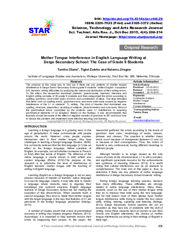 (PDF) Mother Tongue Interference in English Language Writing at Derge ...