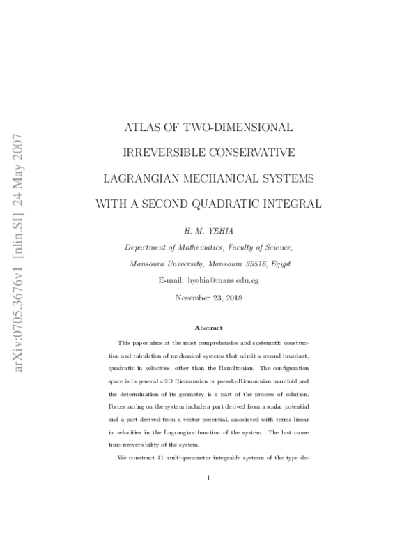 (PDF) Atlas of two-dimensional irreversible conservative Lagrangian mechanical systems with a ...