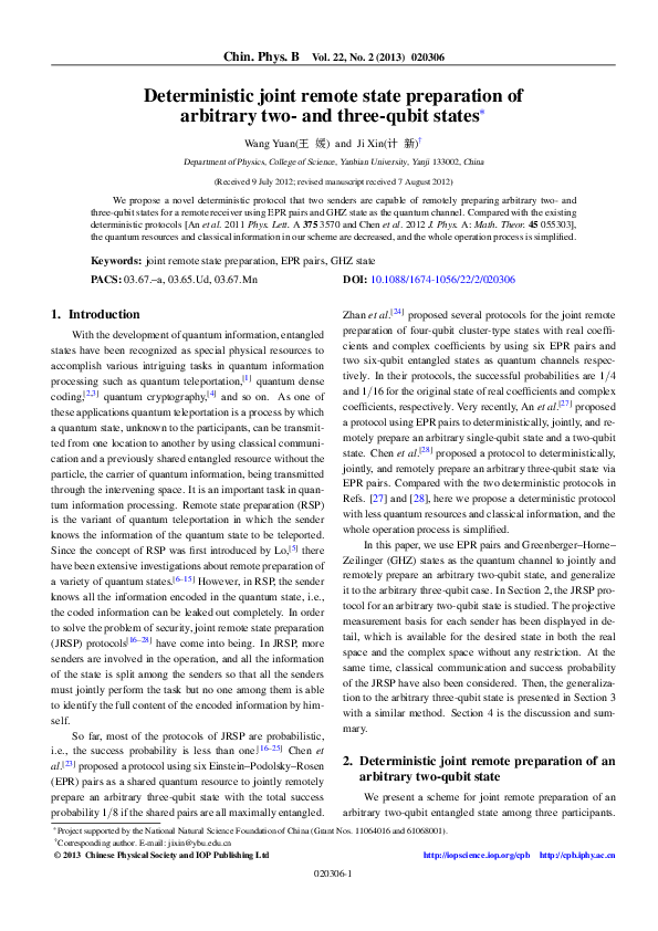 (PDF) Deterministic joint remote state preparation of arbitrary two ...