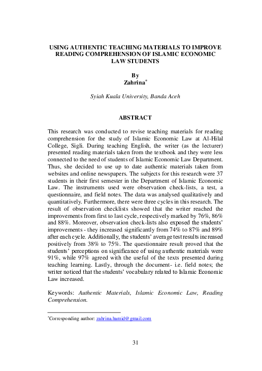 (PDF) Using authentic teaching materials to improve reading comprehension of Islamic Economic ...