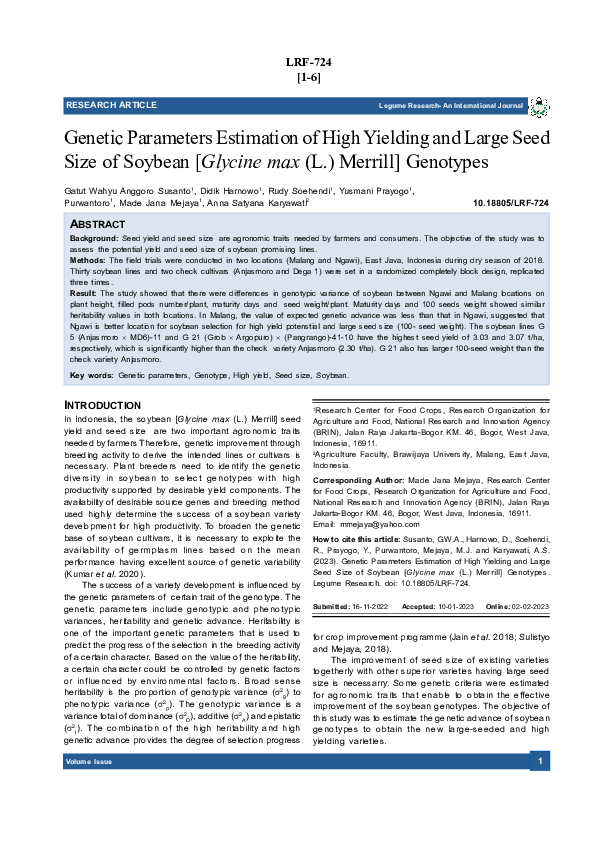 (PDF) Genetic Parameters Estimation of High Yielding and Large Seed Size of Soybean [Glycine max ...