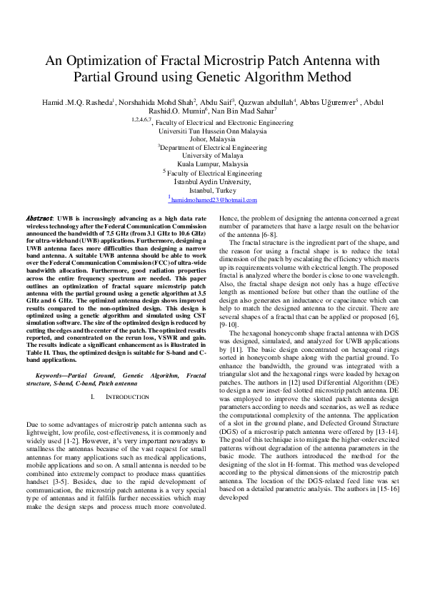 Pdf An Optimization Of Fractal Microstrip Patch Antenna With Partial Ground Using Genetic 6003