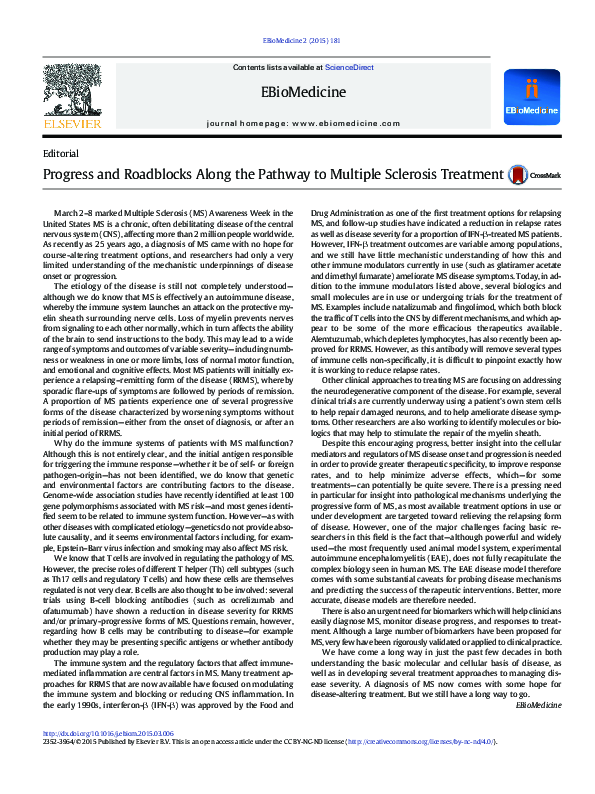 (PDF) Progress and roadblocks along the pathway to MS treatment