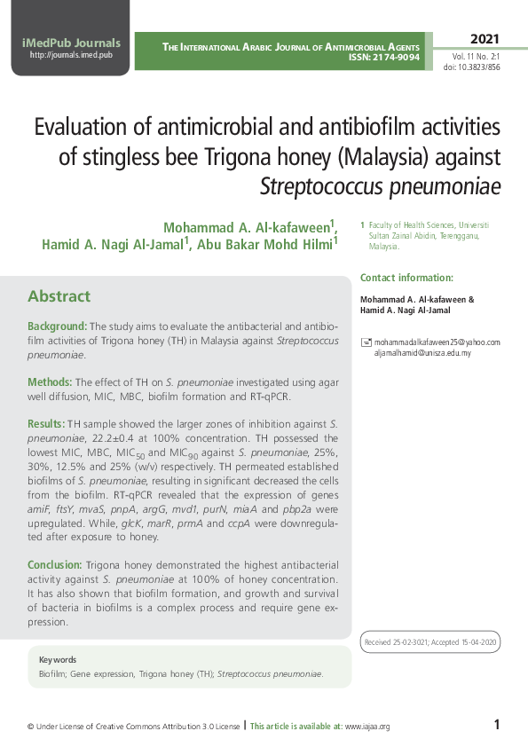 (PDF) Evaluation of antimicrobial and antibiofilm activities of stingless bee Trigona honey ...
