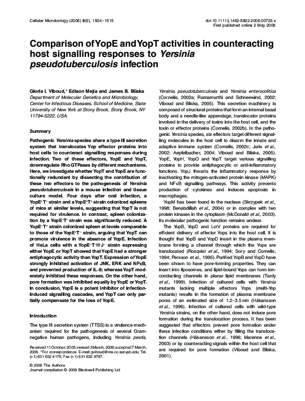 (PDF) Comparison of YopE and YopT activities in counteracting host ...