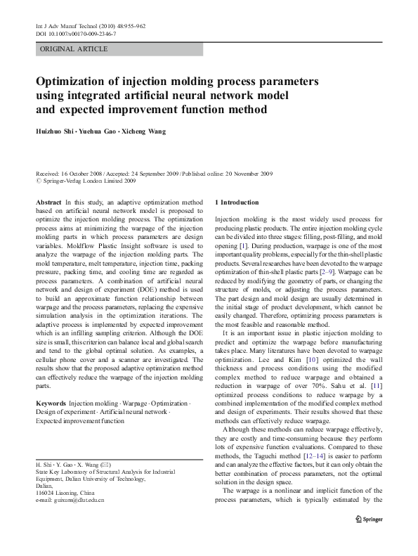 Pdf Optimization Of Injection Molding Process Parameters Using Integrated Artificial Neural