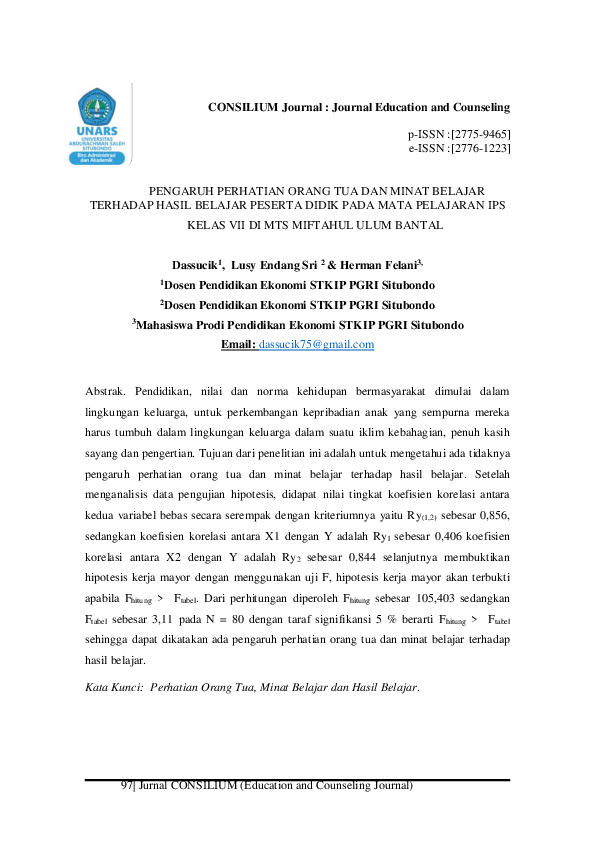 (PDF) Pengaruh Perhatian Orang Tua Dan Minat Belajar Terhadap Prestasi Belajar Siswa SMK Swasta ...