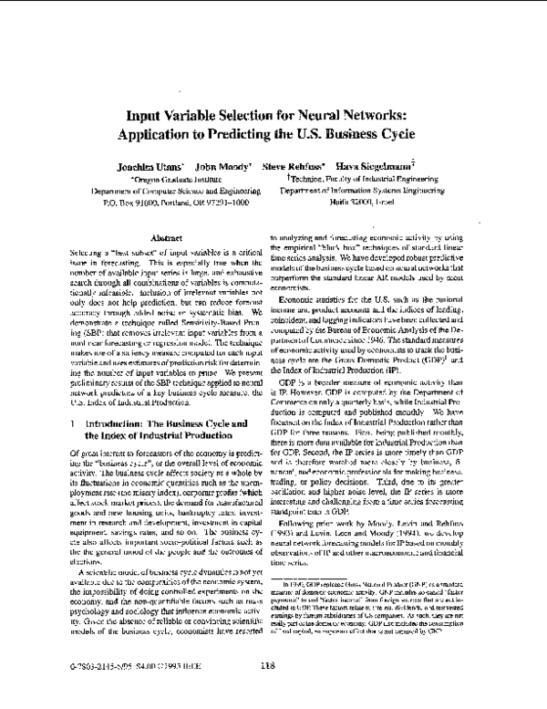 Pdf Input Variable Selection For Neural Networks Application To Predicting The Us Business