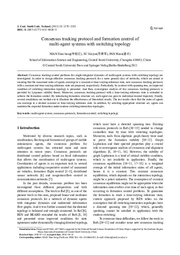 (PDF) Consensus tracking protocol and formation control of multi-agent systems with switching ...