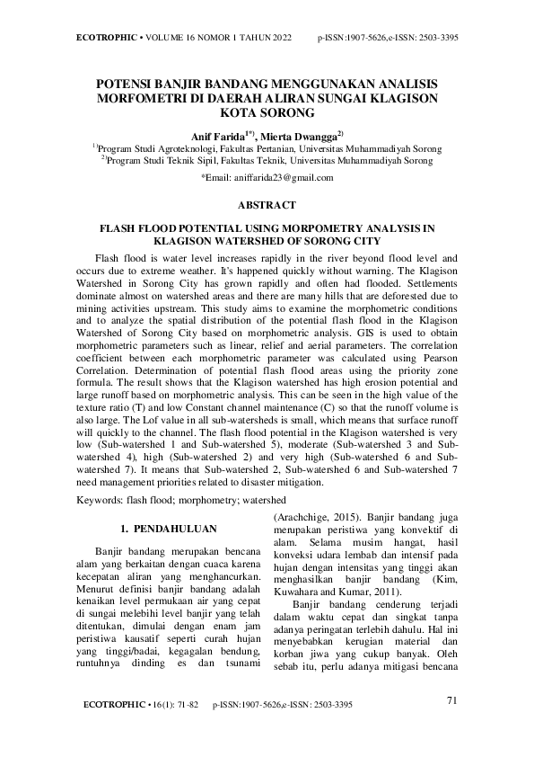(PDF) Potensi Banjir Bandang Menggunakan Analisis Morfometri DI Daerah ...