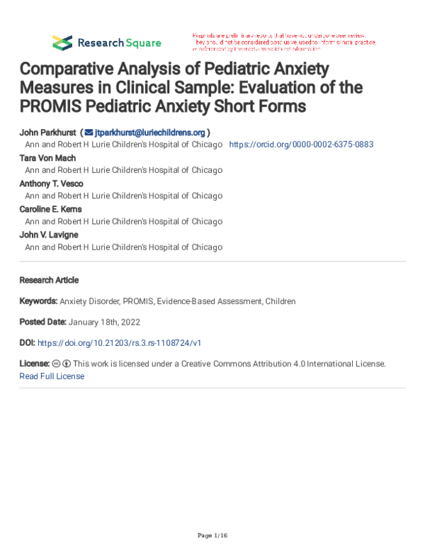 (PDF) Comparative Analysis of Pediatric Anxiety Measures in Clinical ...