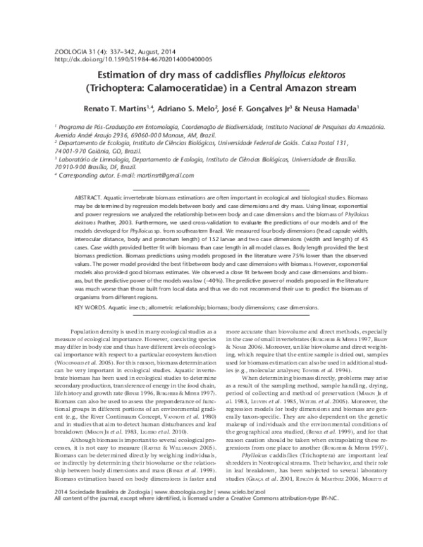 (PDF) Estimation of dry mass of caddisflies Phylloicus elektoros ...