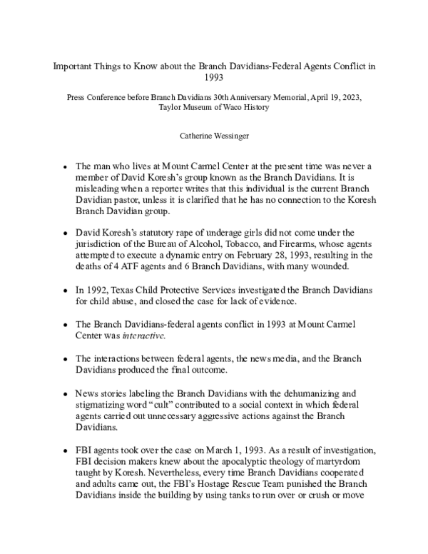 (PDF) Important Things to Know about the Branch Davidians-Federal ...