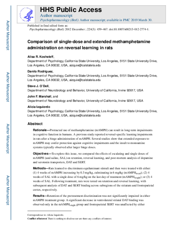 (PDF) Comparison of single-dose and extended methamphetamine ...