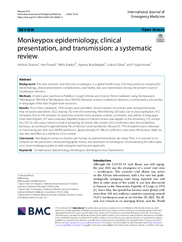 (PDF) Monkeypox epidemiology, clinical presentation, and transmission: a systematic review