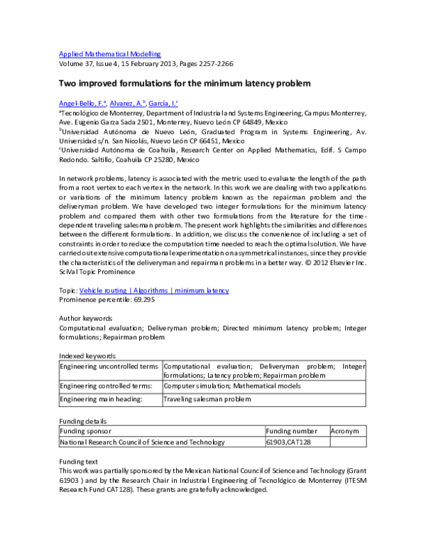 Pdf Two Improved Formulations For The Minimum Latency Problem 5856