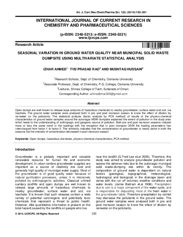 (PDF) Seasonal Variation in Ground Water Quality Near Municipal Solid ... (PDF) Seasonal Variation in Ground Water Quality Near Municipal Solid ...