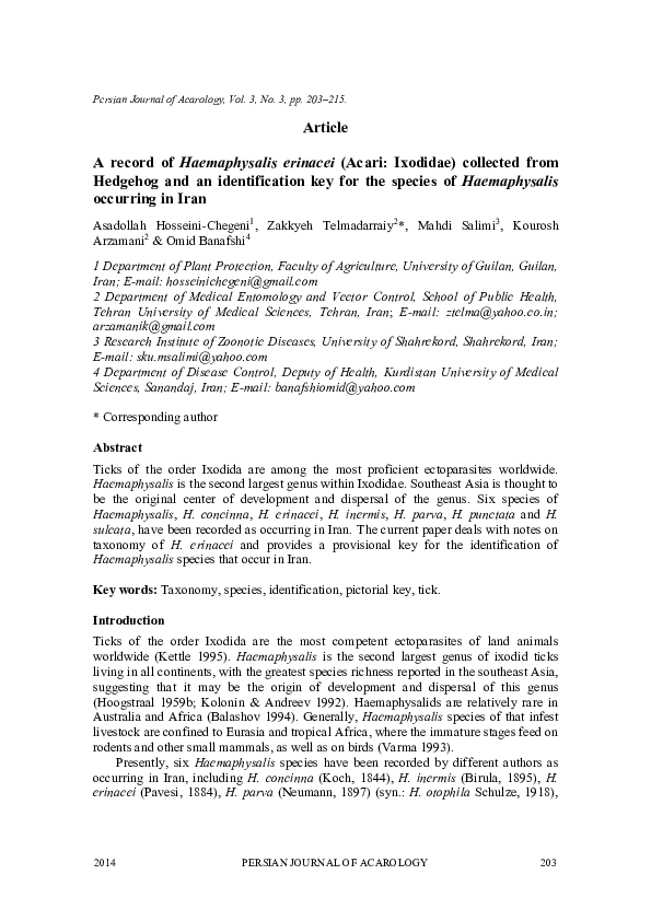 (PDF) A record of Haemaphysalis erinacei (Acari: Ixodidae) collected ...