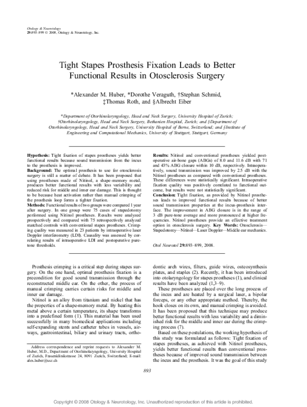 (PDF) Tight Stapes Prosthesis Fixation Leads to Better Functional ...