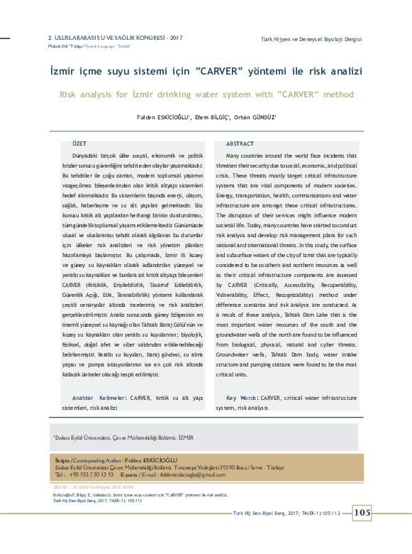 (PDF) Risk analysis for İzmir drinking water system with “CARVER” method