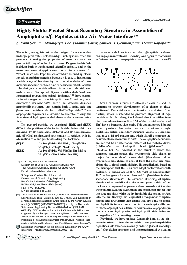 (PDF) Highly Stable Pleated-Sheet Secondary Structure in Assemblies of Amphiphilic α/β-Peptides ...