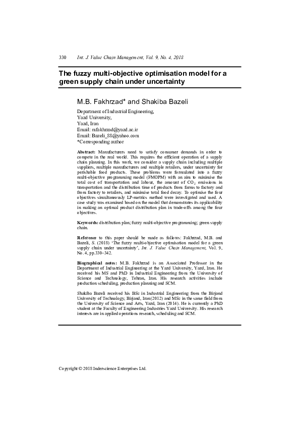 (PDF) The fuzzy multi-objective optimisation model for a green supply ... (PDF) The fuzzy multi-objective optimisation model for a green supply ...