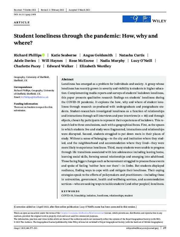(PDF) Student loneliness through the pandemic: How, why and where?